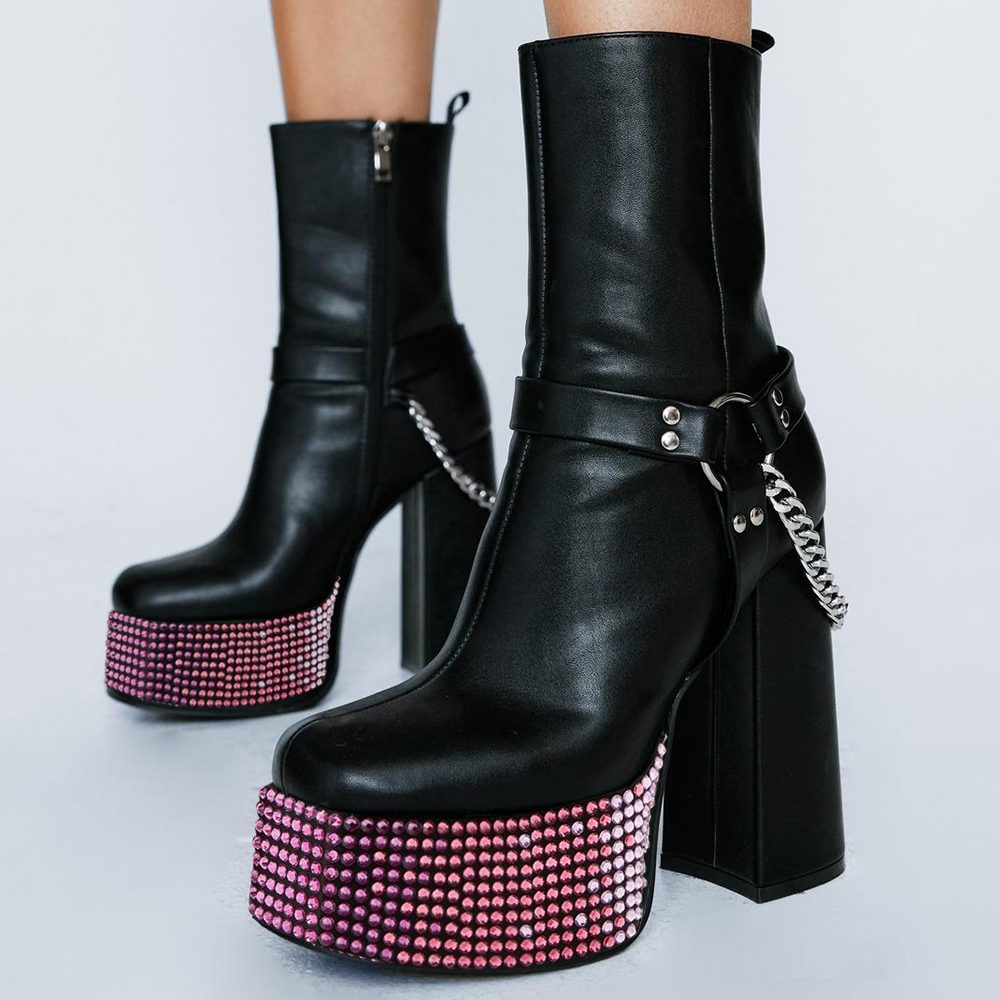 Black Square-Toe Chain Strap Heeled Booties with Rhinestone Platform