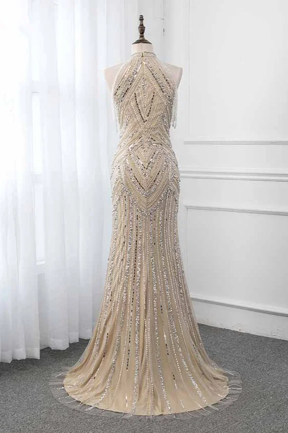 Daisda Elegant High Neck Sleeveless Mermaid Evening Dress with Beadings Sequins