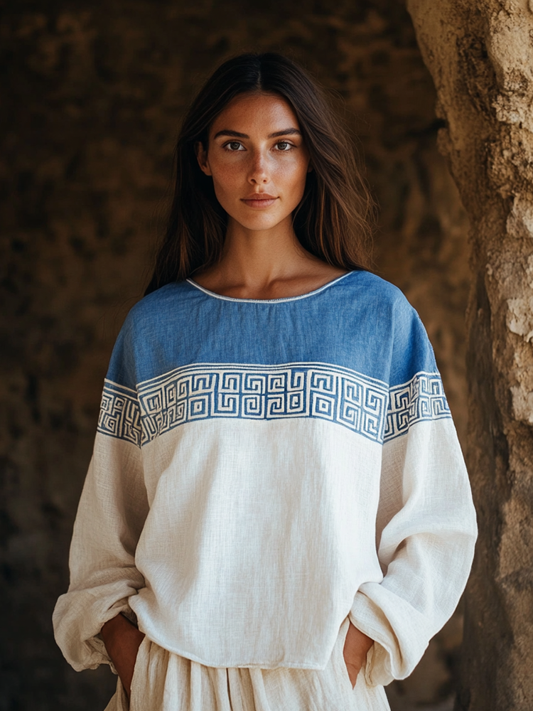 Vintage Greek Key Art Embroidered Linen Blend T-shirt