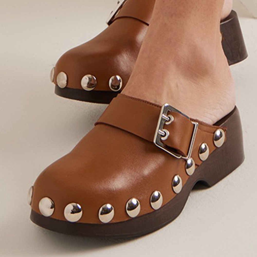 Brown Round Toe Heeled Clog Buckle Studded Platform Mules