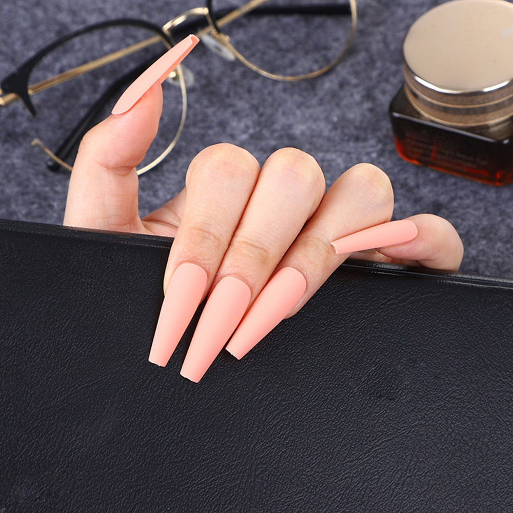 24pcs Professional Fake Nails Long Ballerina Half French Acrylic Nail ...