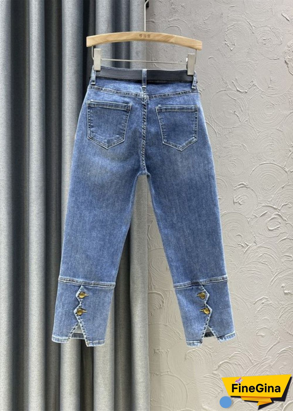 FineGina DIY Denim Blue High Waist Sashes Crop Pants Summer
