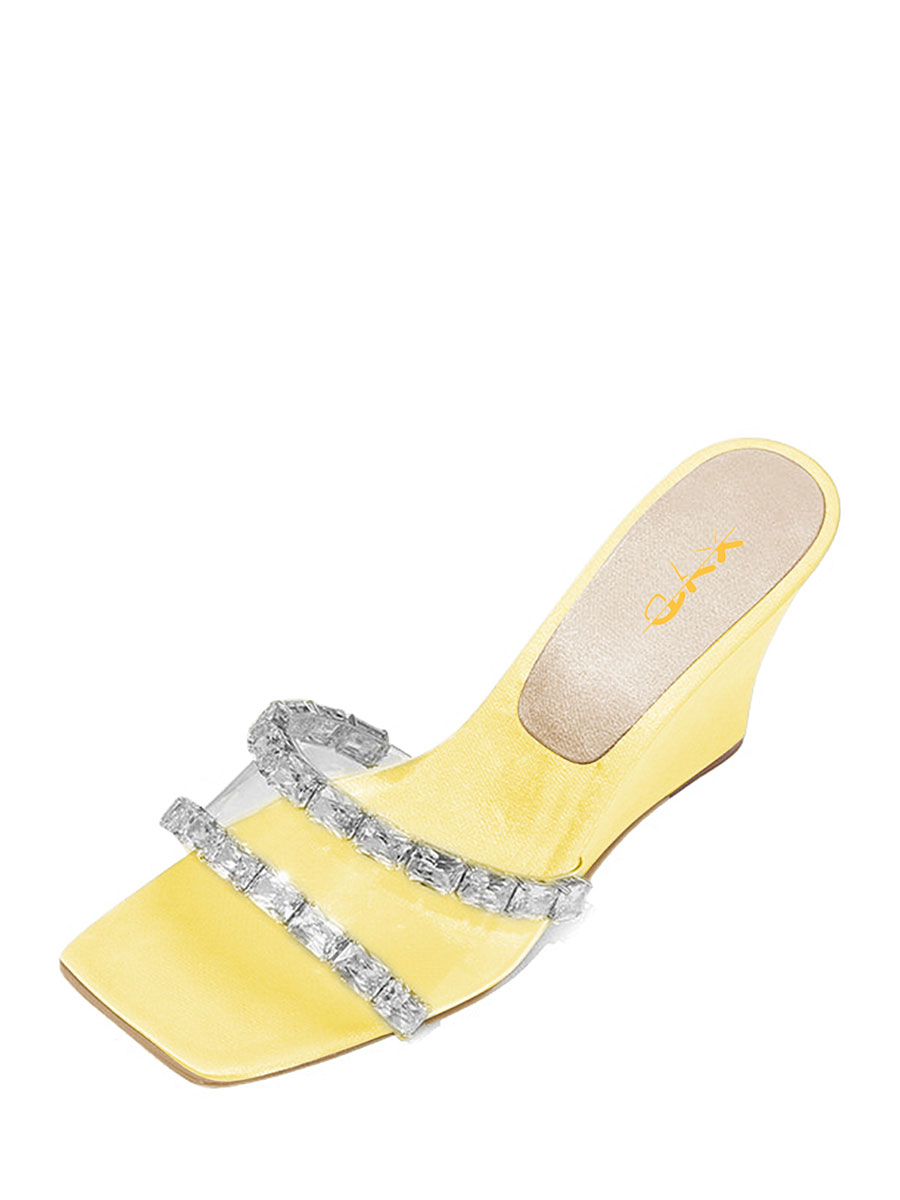 Light Yellow Open Toe Rhinestone Embellished Wedge Heel Mules Shoes