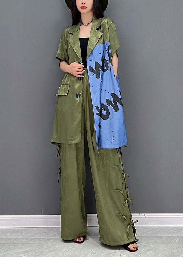 Original Design Green Notched Collar Side Open Print Cotton Two Pieces ...