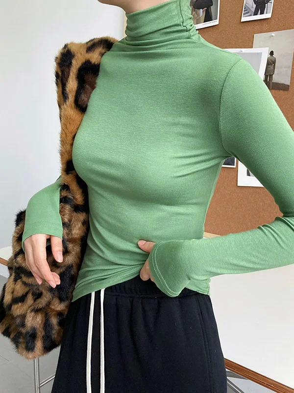 Simple 5 Colors Modal High Neck Long Sleeves T Shirt Top