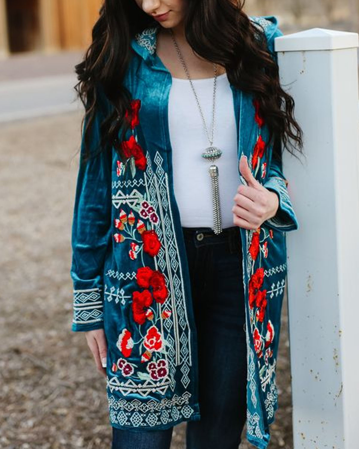 Velvet Embroidered Duster with Hoodie