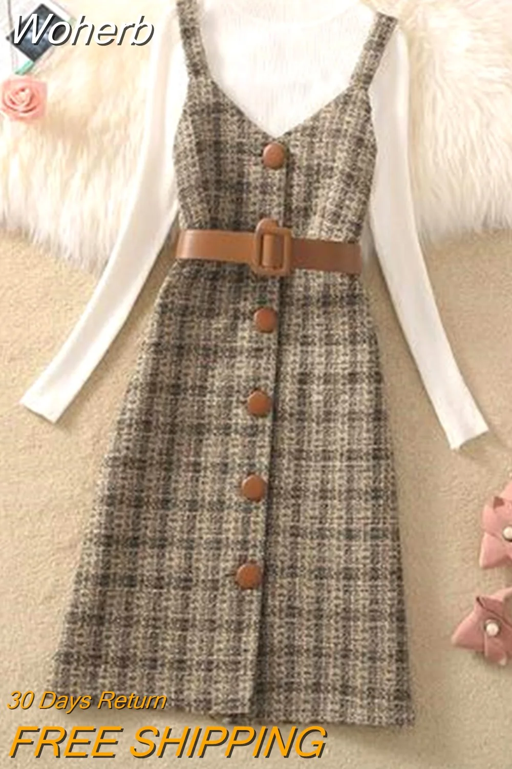 Woherb Piece Dress Set Women Autumn Winter Solid Base Sweater and ...