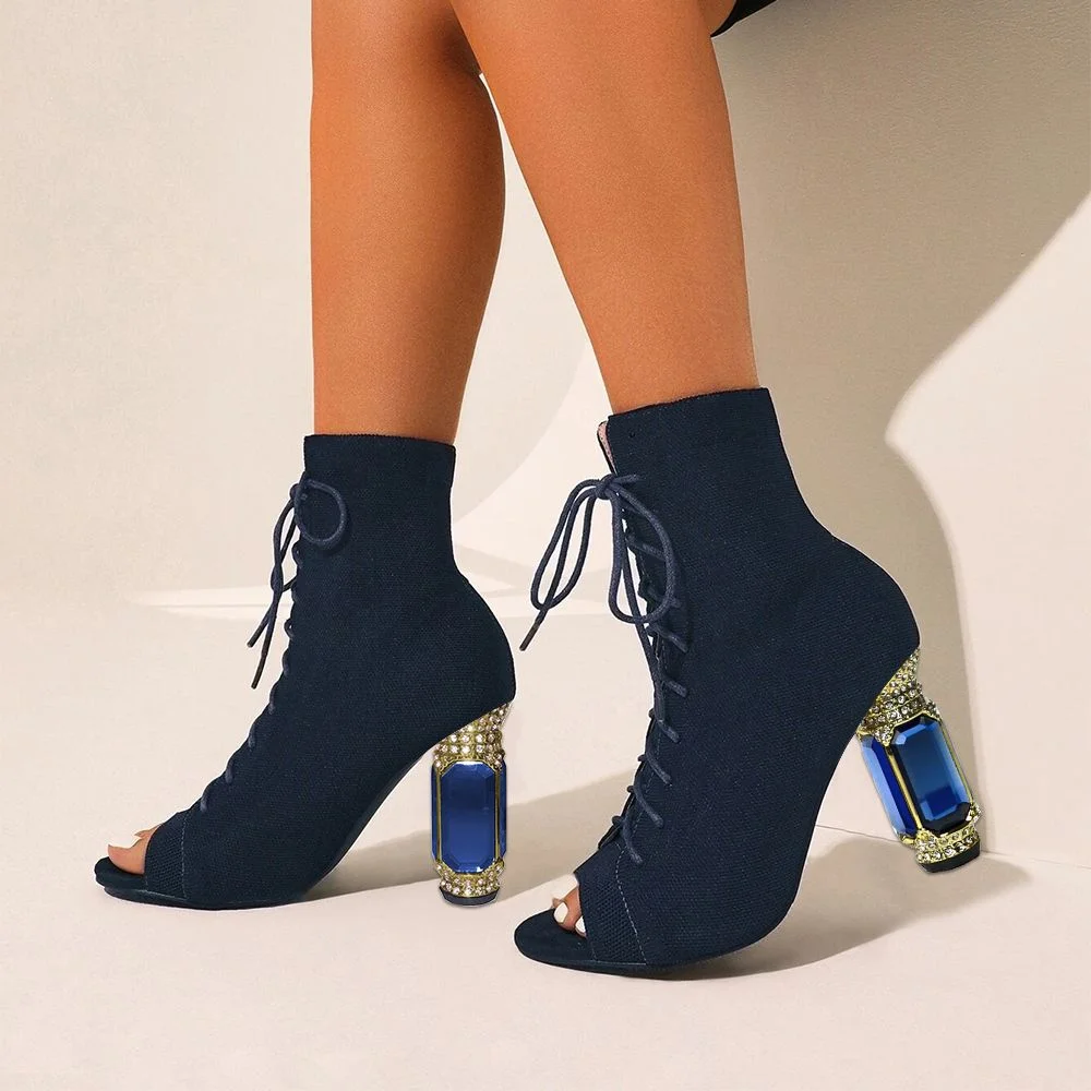 Dark Blue Denim Peep Toe Booties Lace Up Decorative Heels