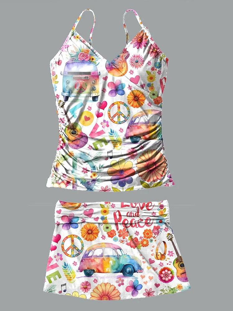 V-Neck Retro Hippie Peace Multicolor Print Suspender Skirt Tankini ...