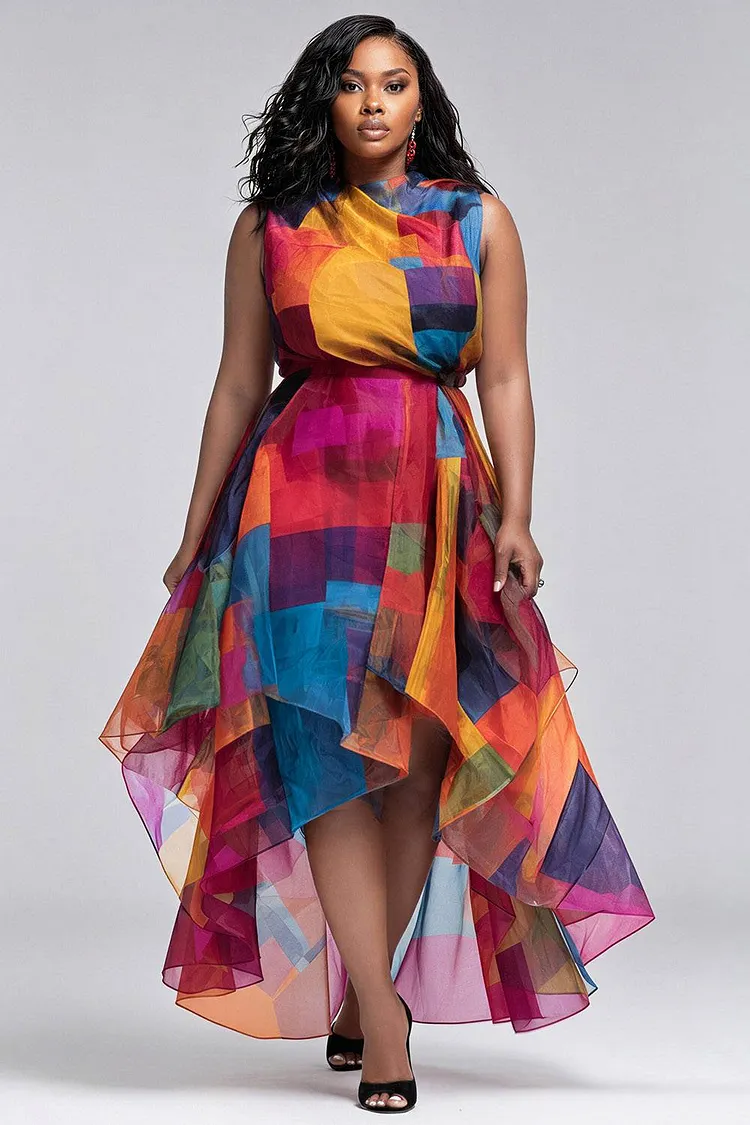 Xpluswear Design Plus Size Cocktail Party Rainbow Colorblock Round Neck ...