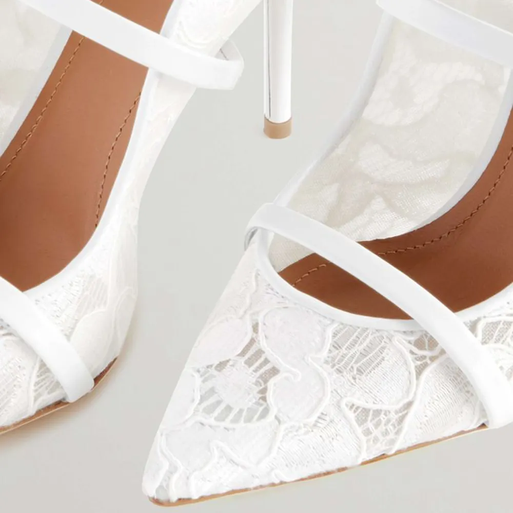 White Lace Pointed Toe 3‘’ Stiletto Heels Double Strap Bridal Mules