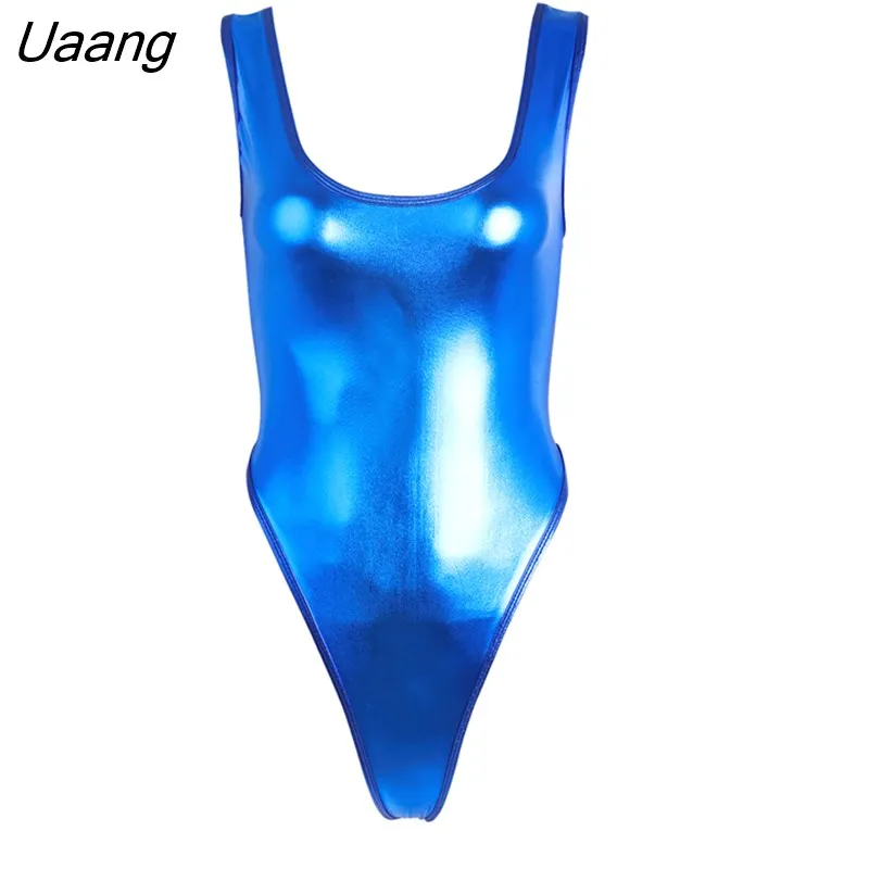 Uaang Women Patent Leather Thong Leotard Bodysuit Shiny Metallic High ...
