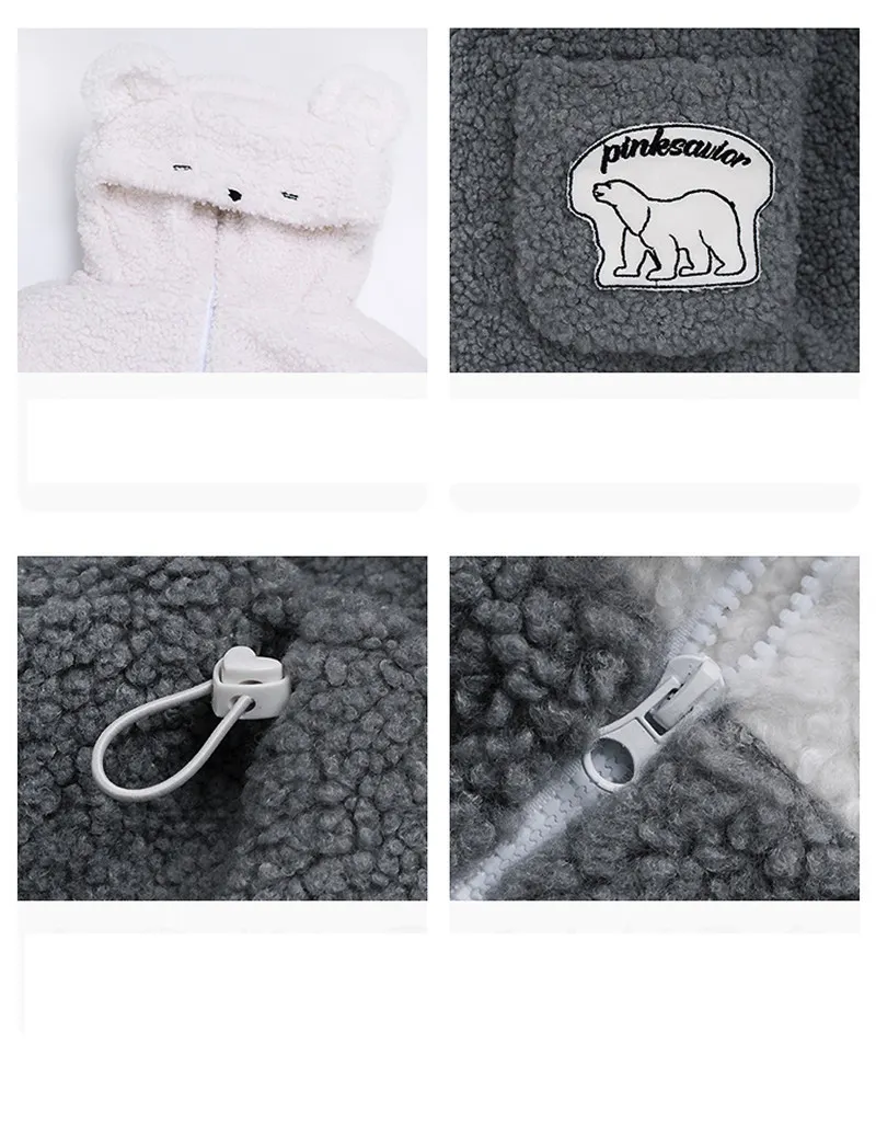 CONTRASTING LAMBSWOOL ZIPPER HOODED BEAR JACKET