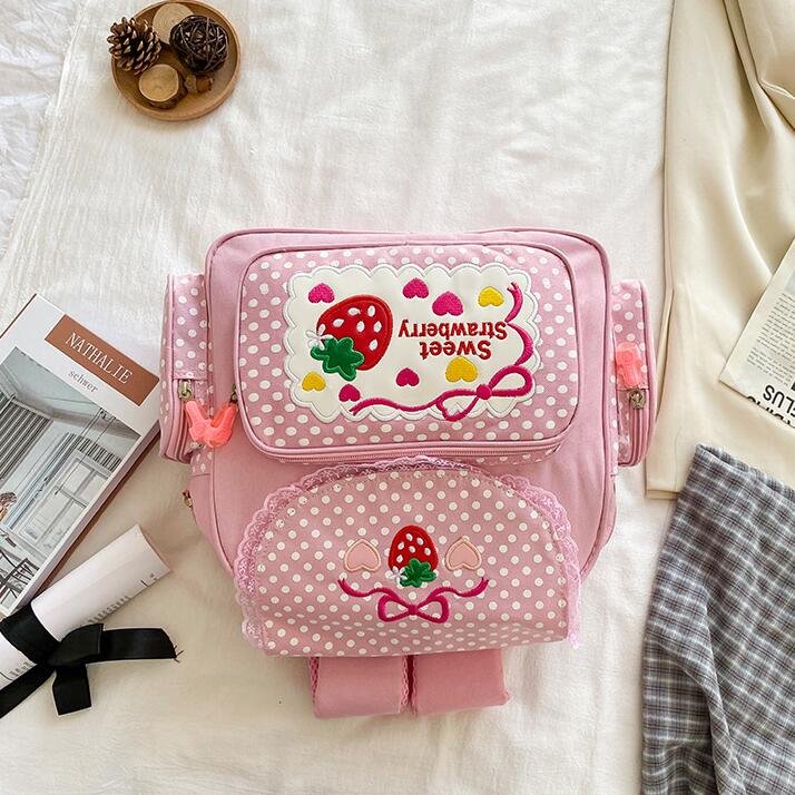 SWEET STRAWBERRY EMBROIDERED LACE BACKPACK