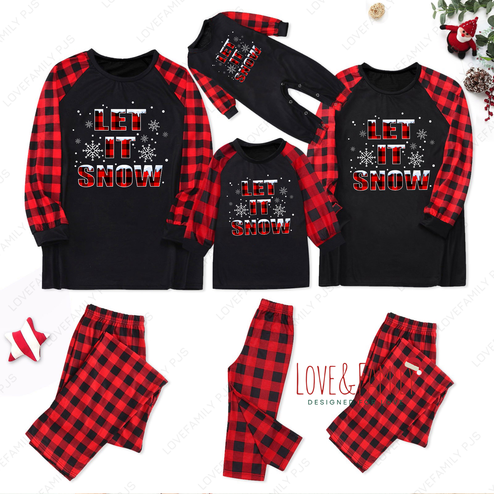 Christmas Let It Snow Plaid Splice Black-Top Matching Family Pajamas