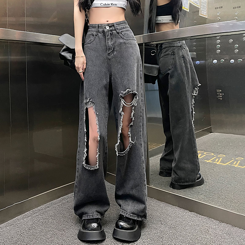 STREET WEAR RIPPED STRAIGHT LEG JEANS