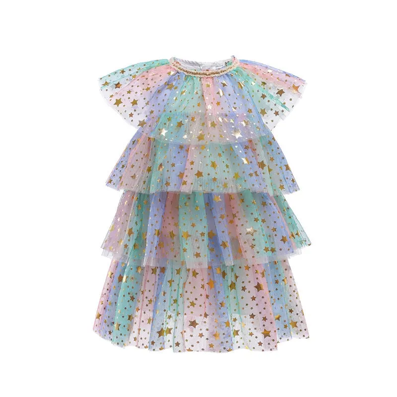 Girls Ruffle Princess Dress Lace Tulle Star Sequins Fluffy Gown For ...