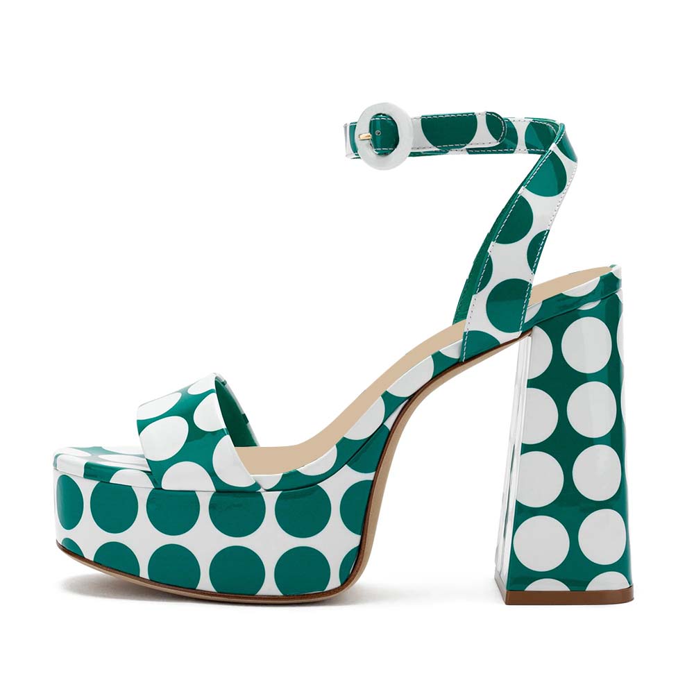 Green & White Polka Dot Peep Toe Chunky Heel Pumps with Platform
