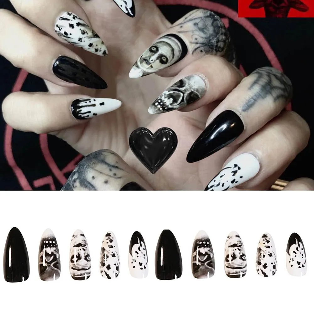 24Pcs Long Stiletto Fake Nails Punk Snake Pattern Black White Matte ...