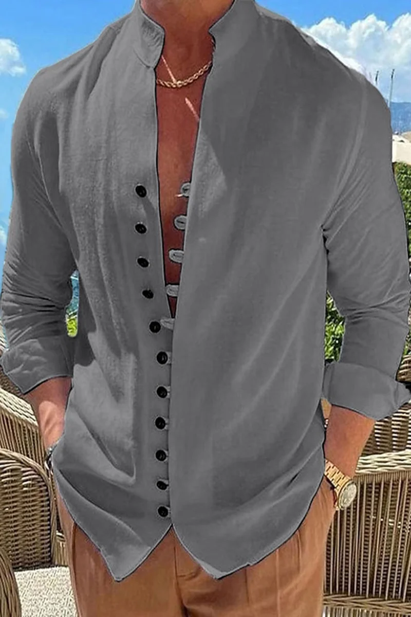 Long Sleeve Plain Band Collar Linen Shirt