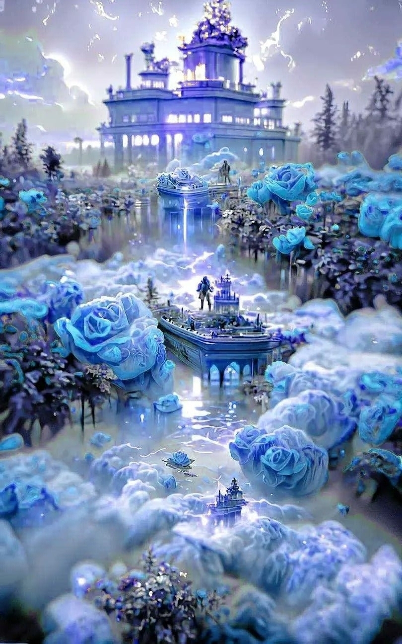 Blue Flower Fantasy Castle Scenery (canvas) full round or square drill ...