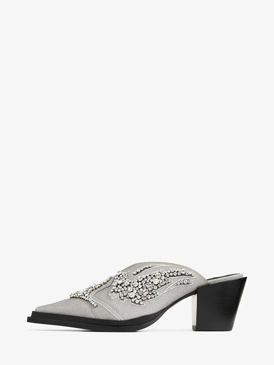 Metallic Silver Snip Toe Rhinestone Embellished Block Heel Mules