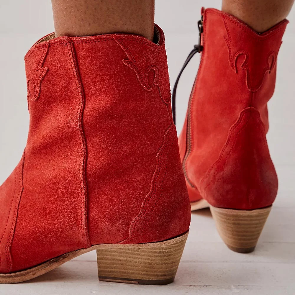 Red Faux Suede Zipper Booties Stacked Heel Western Boots for Women