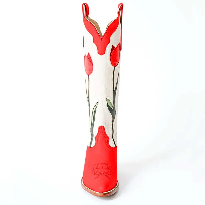 FSJ Red Chunky Heel Tulips Detail Knee High Cowboy Boots for Women