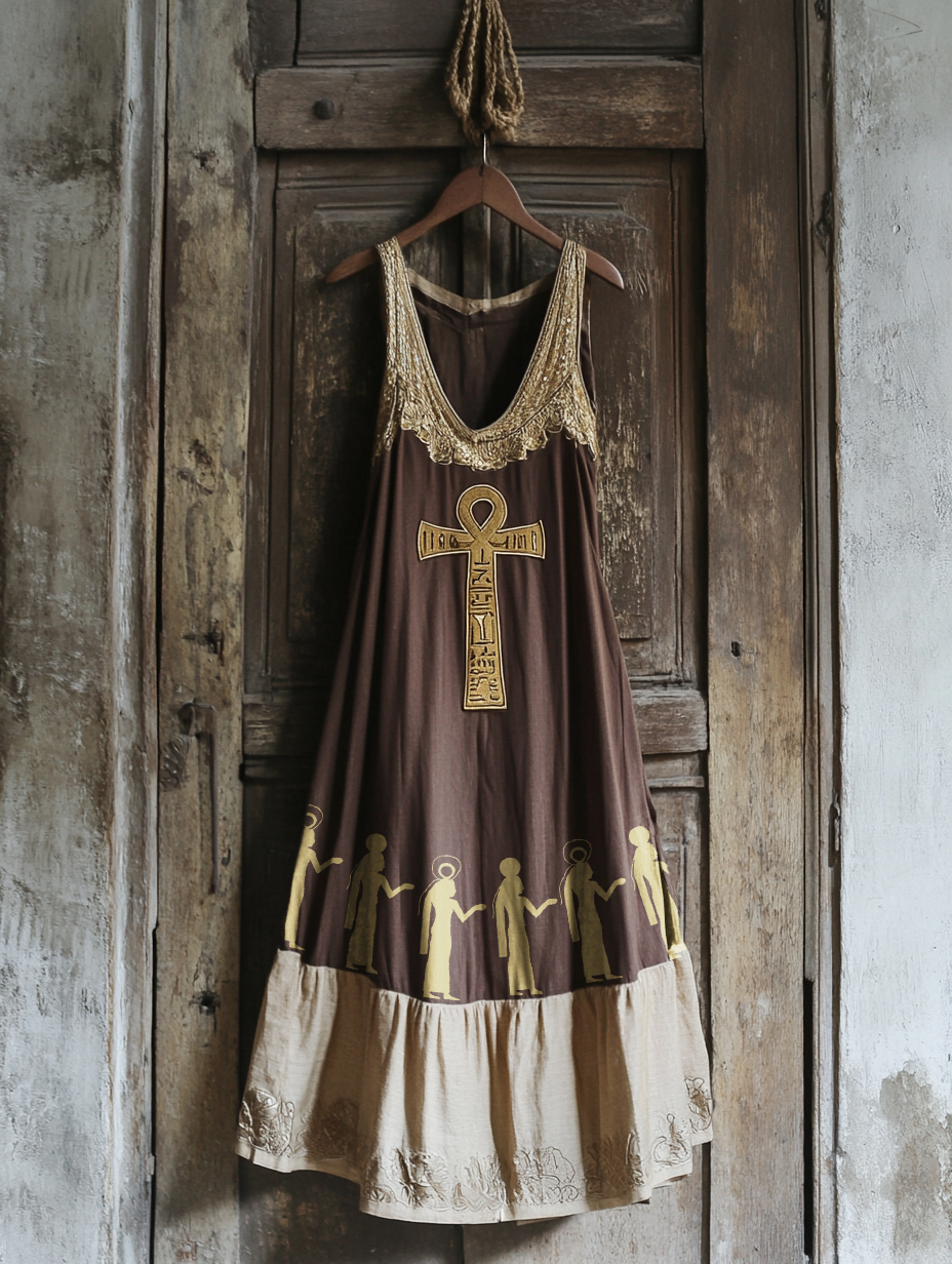 Lunivibe Vintage Ankh Ancient Egyptian Embroidered Women's Linen Maxi Dress