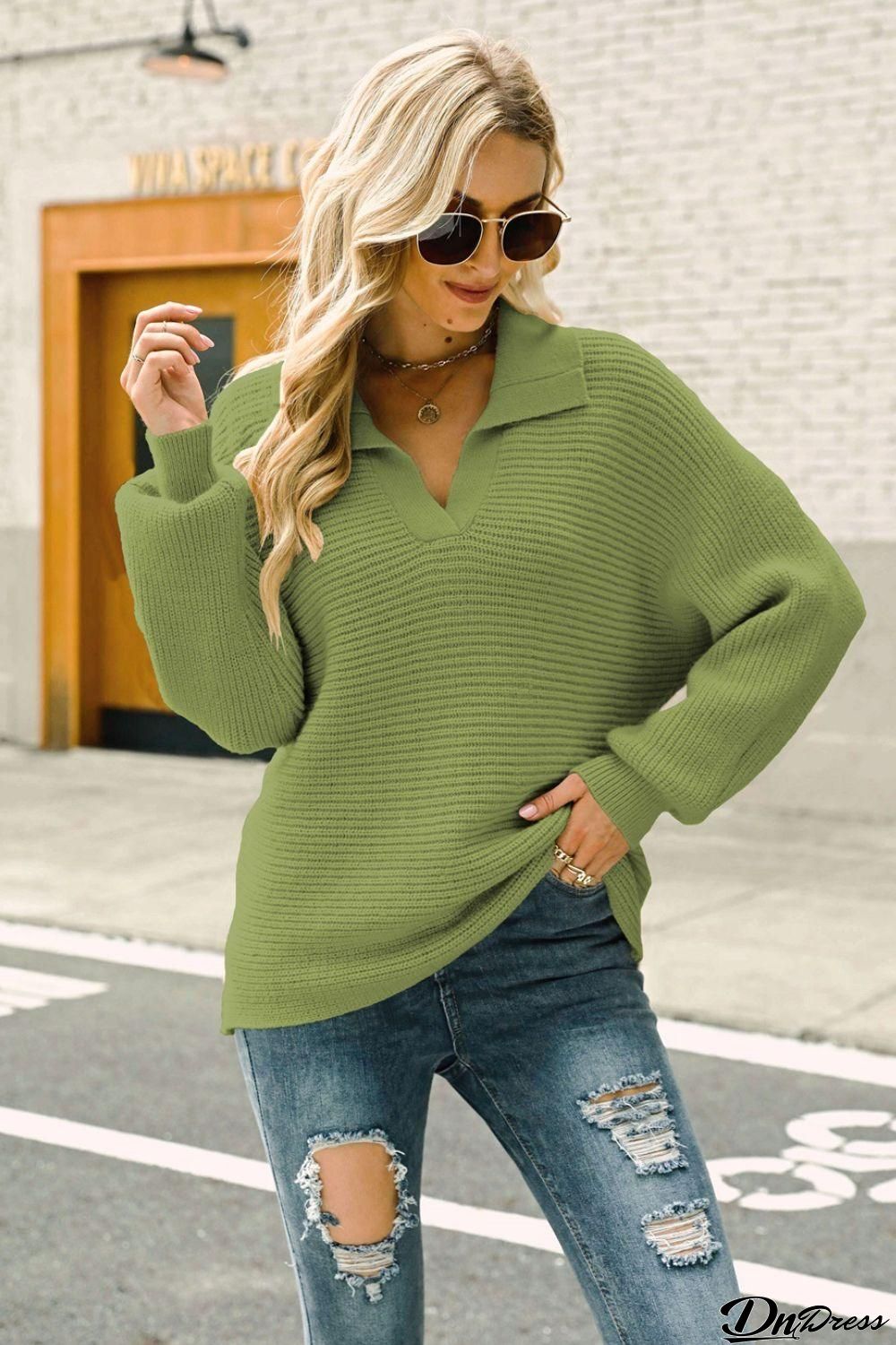 Horizontal Ribbing Johnny Collar Sweater | DnDress.com