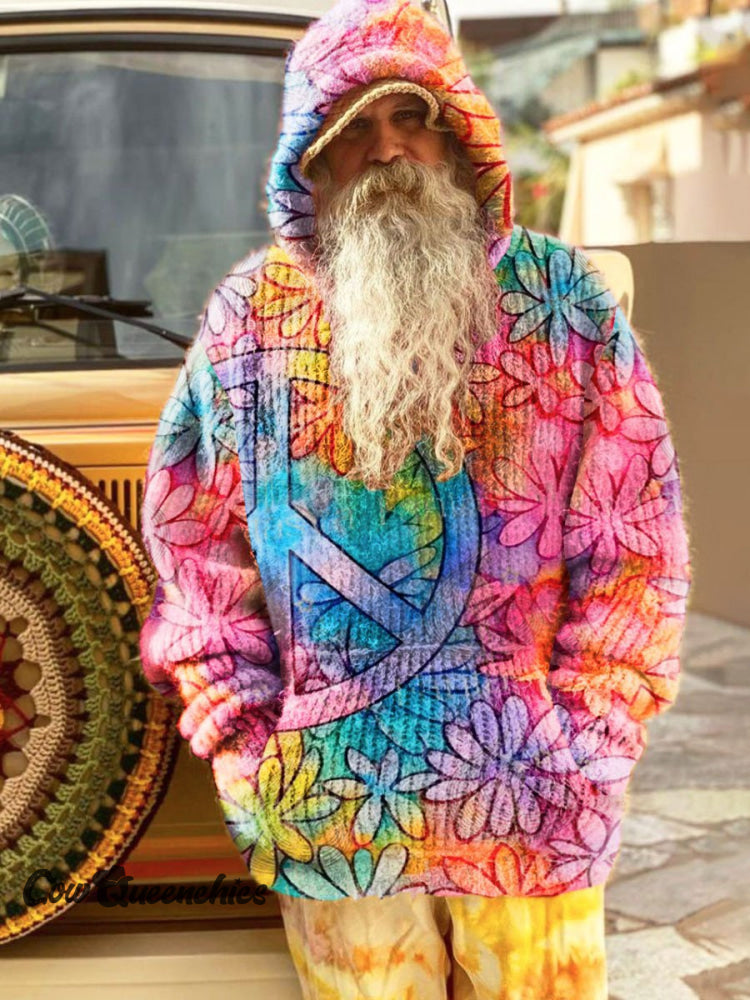 Vintage Hippie Love and Peace Flowers Print Knit Pullover Hooded Sweater