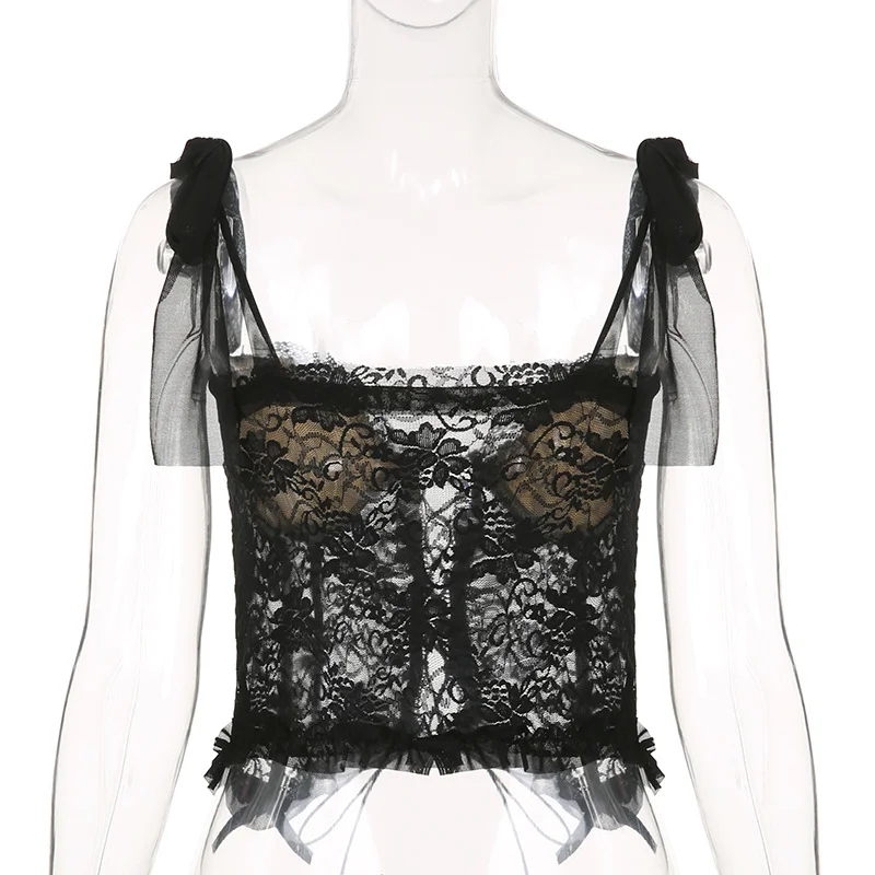 CUTOUT LACE SHEER LACE-UP CAMISOLE