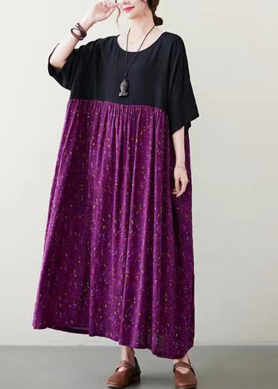 VCSHOES Purple Patchwork Wrinkled Maxi Dress Summer