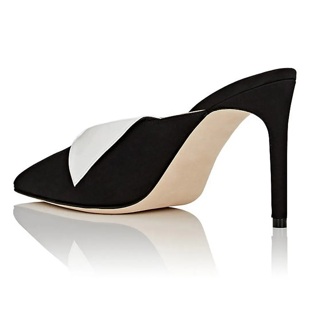 Women's Black and White V-Cut Stiletto Heel Pointy Toe Mules
