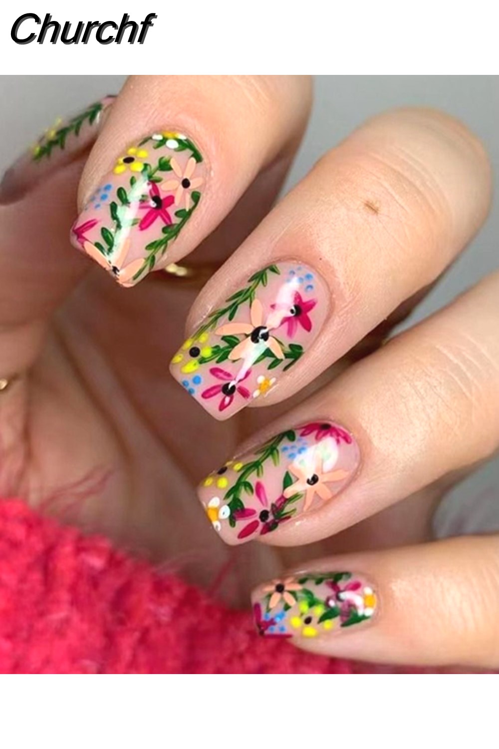 Churchf New Square False Nails French Fake Nails With Flower Pattern ...