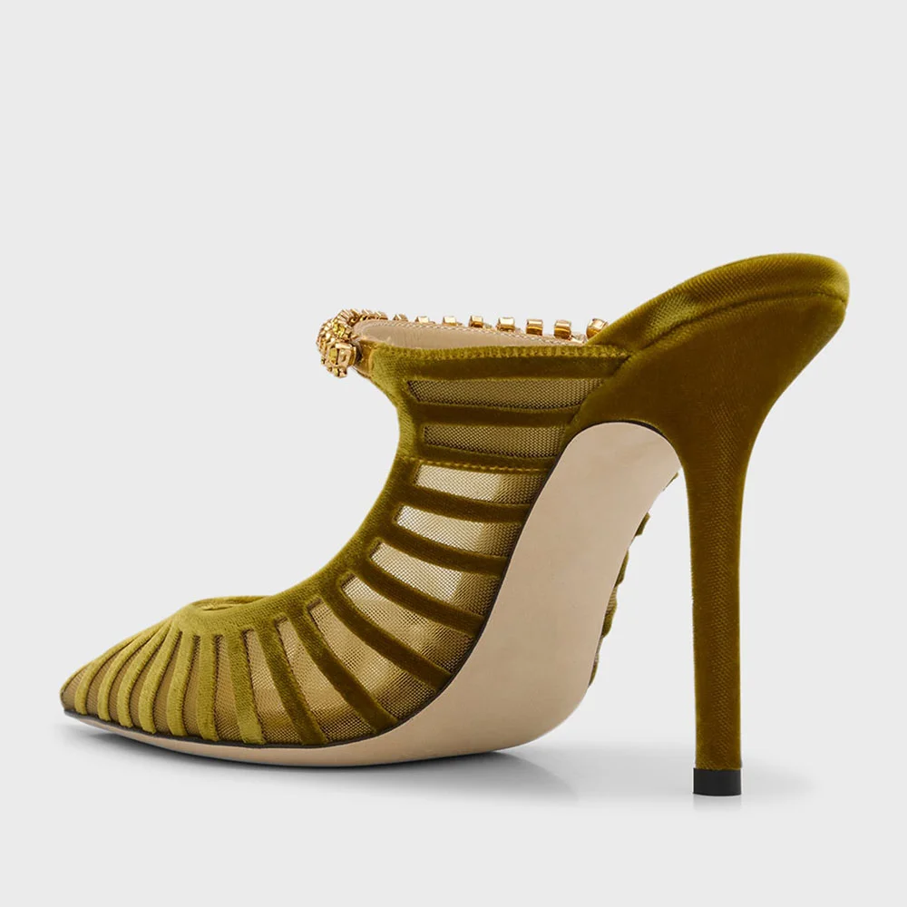 Women's Olive Pointed Toe Velvet Striped Mule Heels with Rhinestones