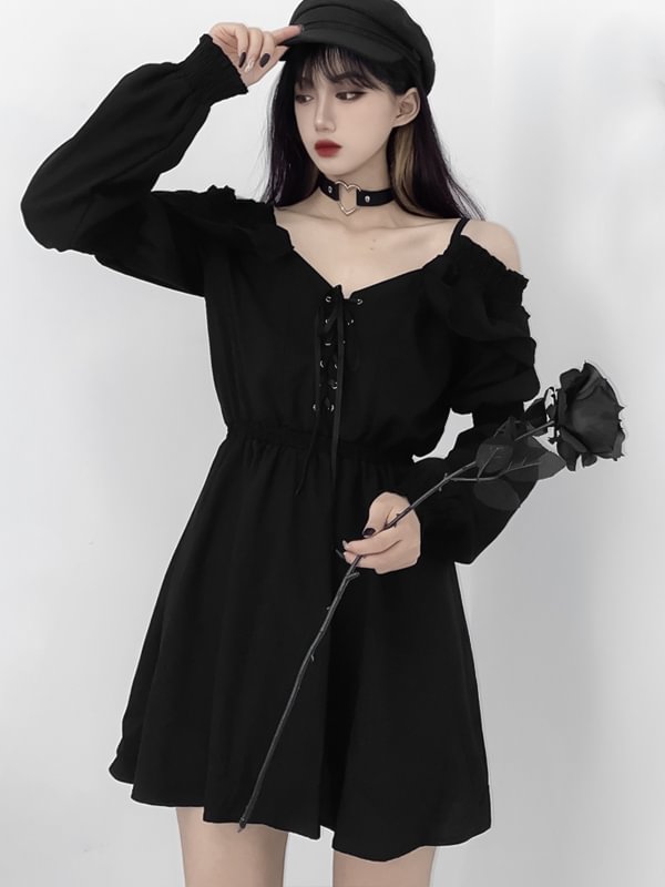 Dark Clothing Gothic Drawstrings Spaghetti Cami Little Black Dress