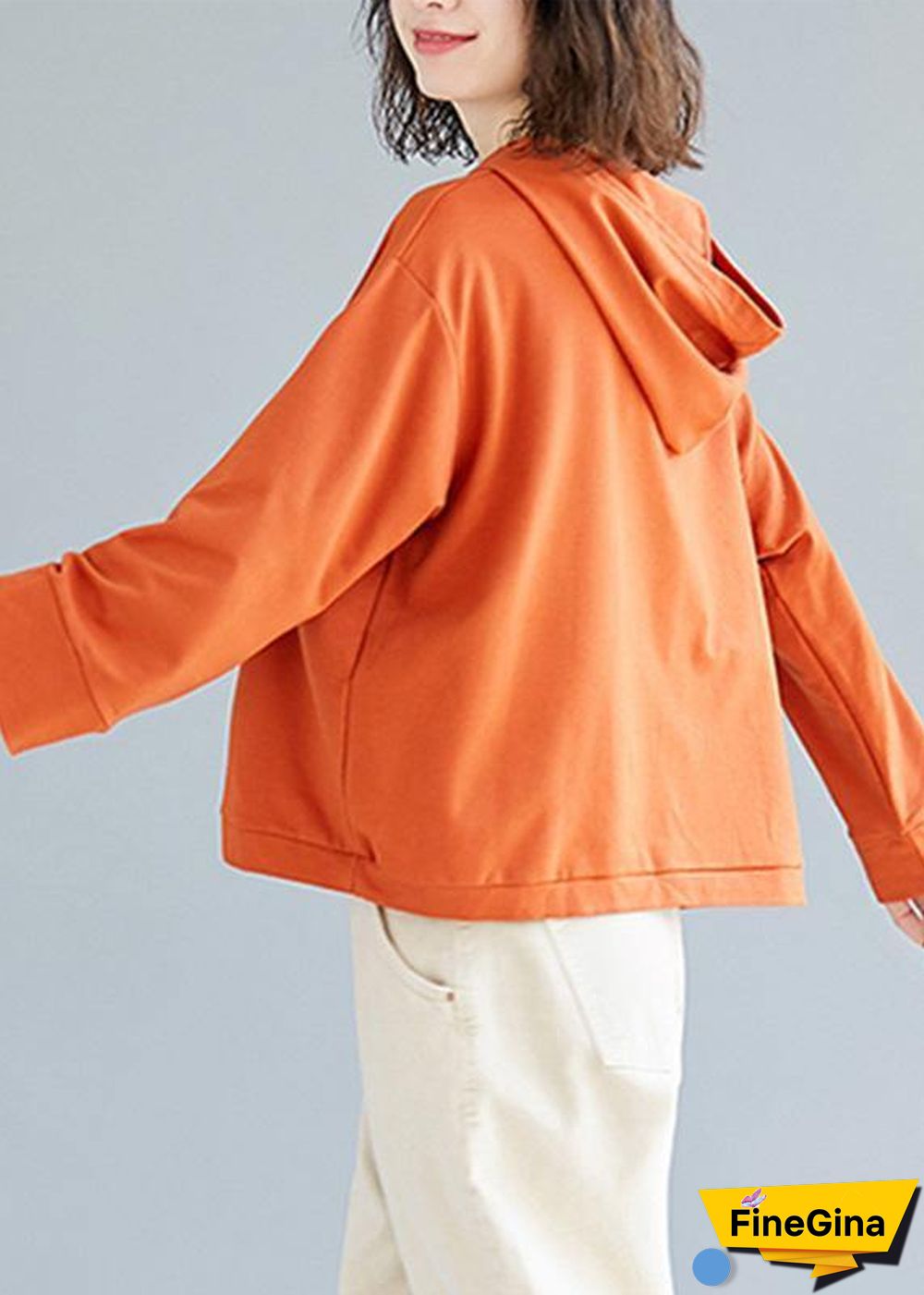 FineGina Loose orange cotton blouses for women hooded loose fall top