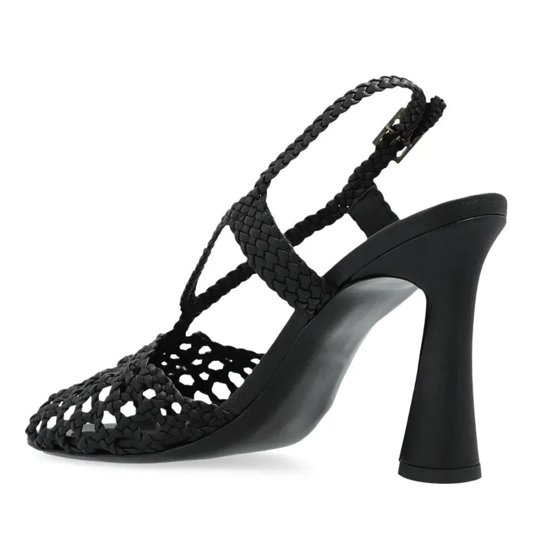 Flared High Heel Braided Buckled Cut-Out Black Sandals for Women