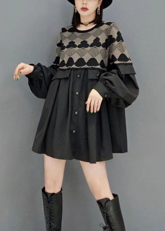 Style Black O-Neck button print Patchwork Knit Dresses