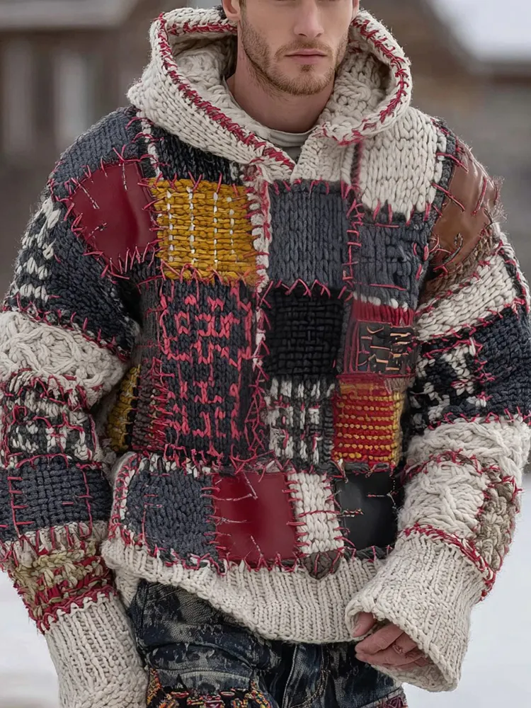 Men's Fair Isle Irregular Patch Knit Warm Hooded Sweater