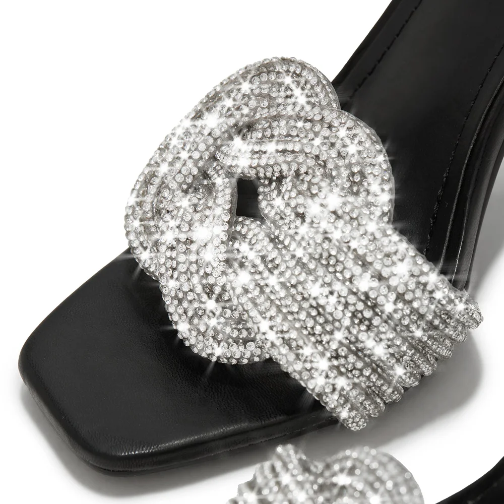 Black Leather Opened Square Toe Rhinestone Mules With Decorative Heels