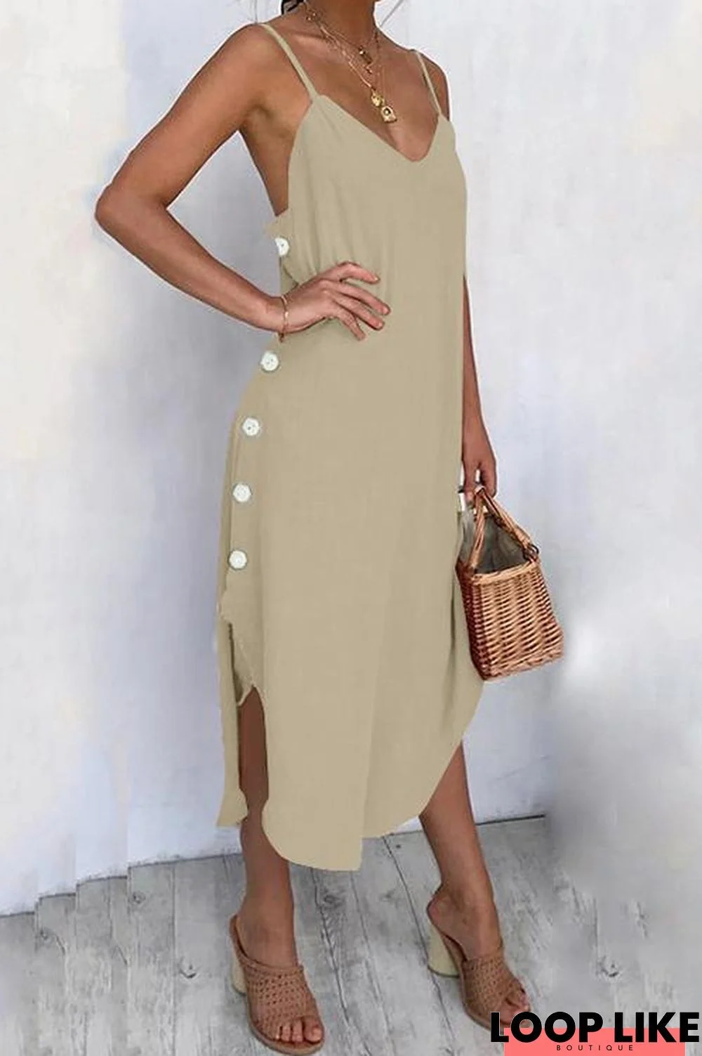 Side Button Slip Maxi Dress - LoopLike