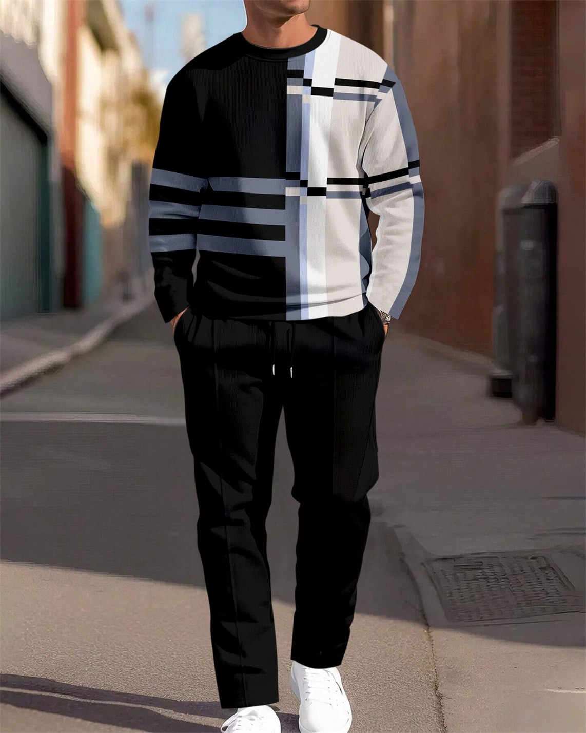 Men's Simple Colorblock Round Neck Casual Sports Set 0184