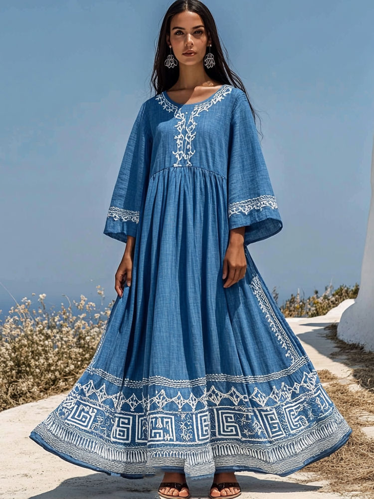 Vintage Classic Greek Key Round Neck Linen Blend Maxi Dress