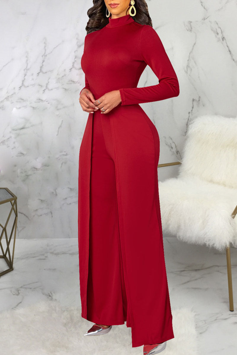 Casual Solid Split Joint Half A Turtleneck Straight Jumpsuits