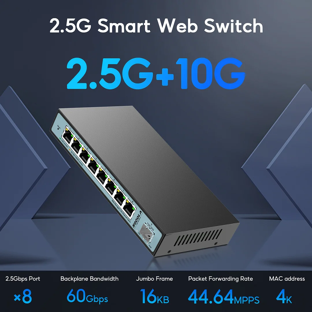 SODOLA 9 Port 2.5G Smart Web Ethernet Switch,1 10G SFP Slot&8 x 2.5G ...
