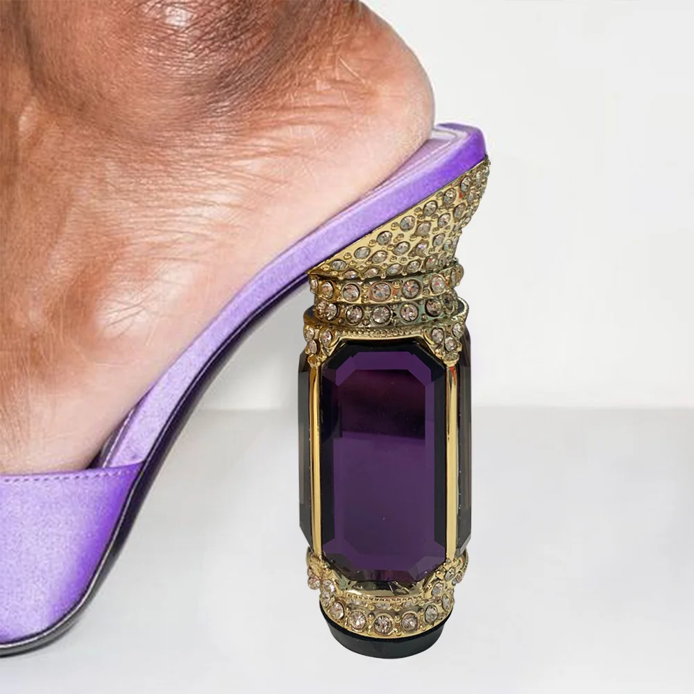 Purple Satin Opened Pointed Toe Wide Band Mules With Decorative Heels