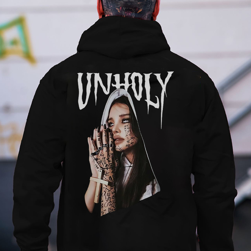 UNHOLY Nun with Tattoo Praying Black Print Hoodie