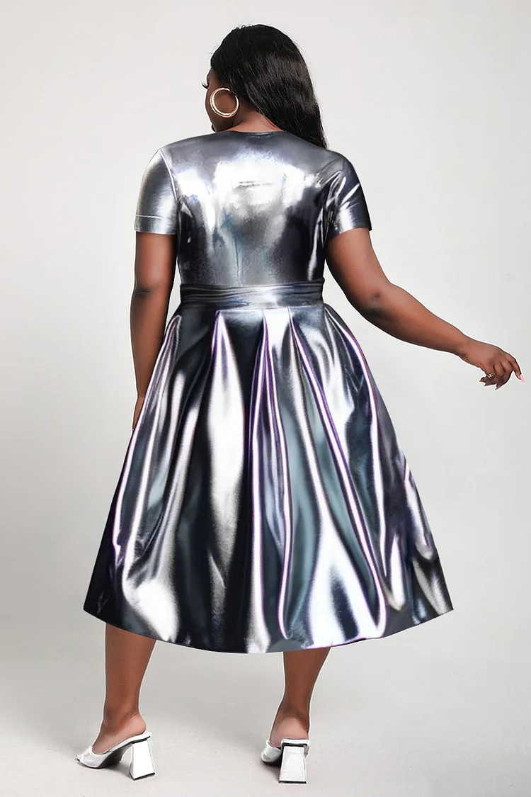 Xpluswear Design Plus Size Party Midi Dresses Elegant Silver Crew Neck